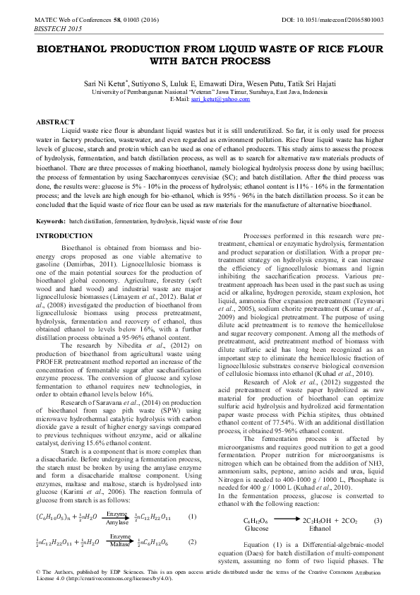 (PDF) Bioethanol Production from Liquid Waste of Rice Flour with Batch Process