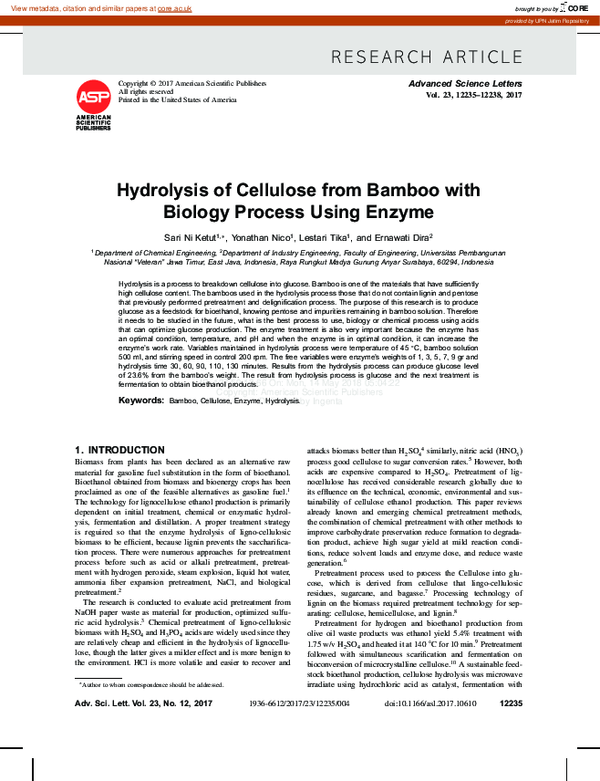 (PDF) Hydrolysis of Cellulose from Bamboo with Biology Process Using Enzyme