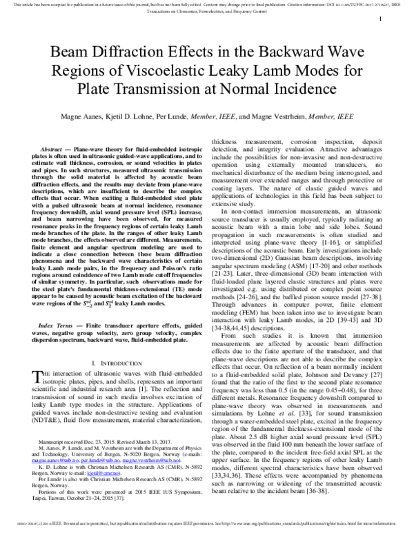 (PDF) Beam Diffraction Effects in the Backward Wave Regions of Viscoelastic Leaky Lamb Modes for ...