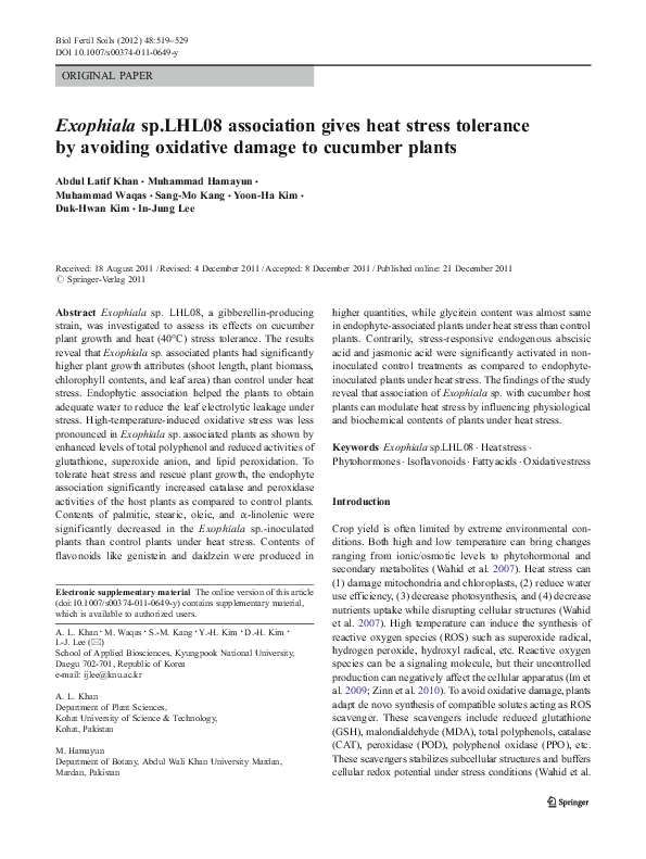 (PDF) Exophiala sp.LHL08 association gives heat stress tolerance by ...