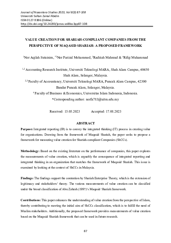 (PDF) Value Creation for Shariah-Compliant Companies from the Perspective of Maqasid Shariah: A ...