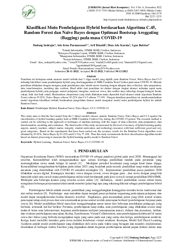 (PDF) Klasifikasi Mutu Pembelajaran Hybrid berdasarkan Algoritma C.45, Random Forest dan Naïve ...