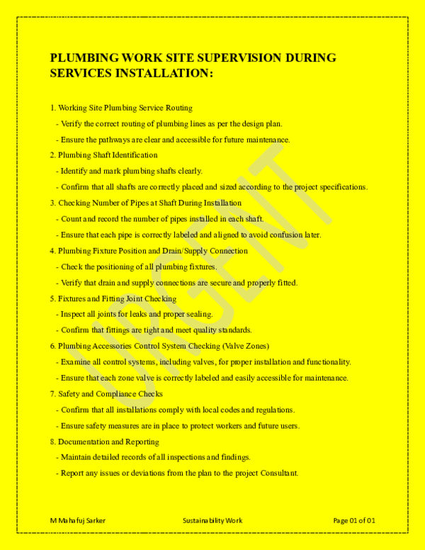 (PDF) PLUMBING WORK SITE SUPERVISION NOTE