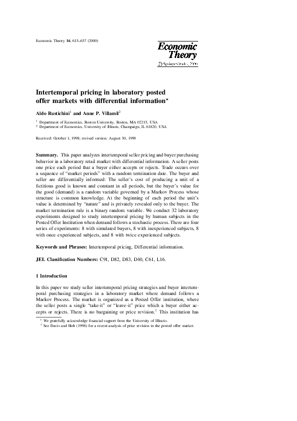 (PDF) Intertemporal pricing in laboratory posted offer markets with ...