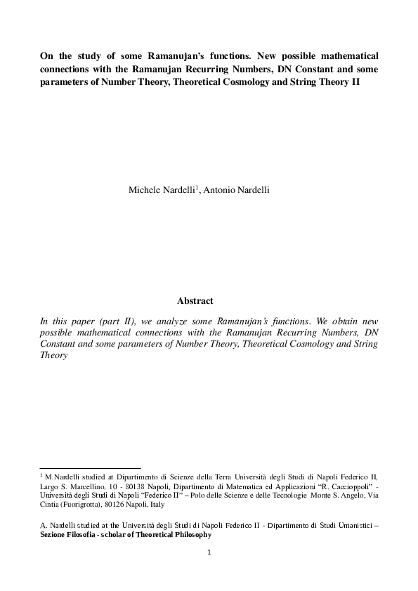 (PDF) On the study of some Ramanujan's functions. New possible ...