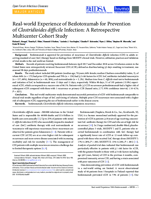 (PDF) Real-world Experience of Bezlotoxumab for Prevention of ...