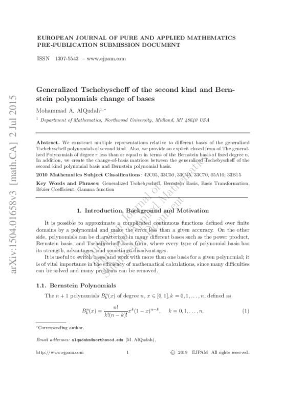 (PDF) Tschebyscheff of the second kind and Bernstein polynomials change ...