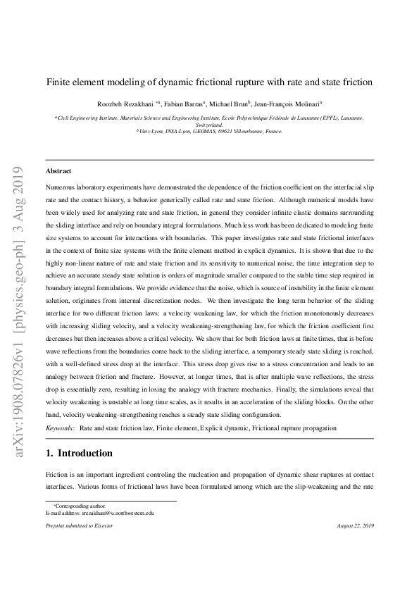 Pdf Finite Element Modeling Of Dynamic Frictional Rupture With Rate