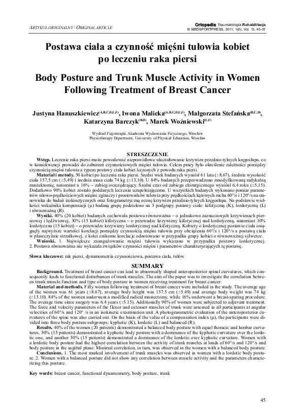 (PDF) Body posture and trunk muscle activity in women following treatment of breast cancer
