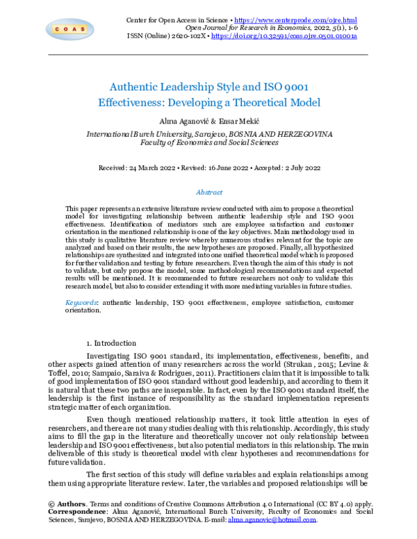 (PDF) Authentic Leadership Style and ISO 9001 Effectiveness: Developing ...