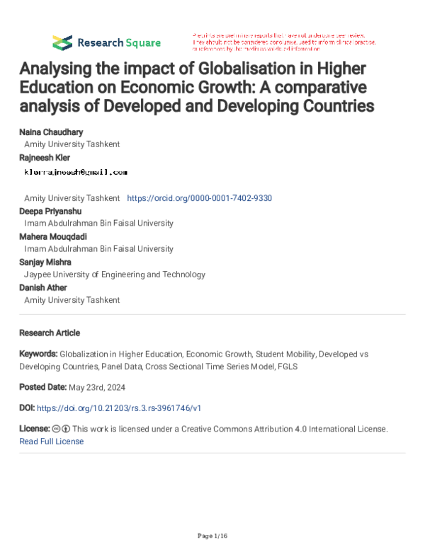 (PDF) Analysing the impact of Globalisation in Higher Education on Economic Growth: A ...