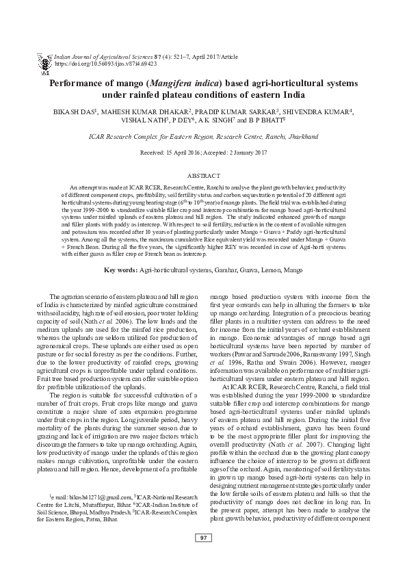 (PDF) Performance of mango (Mangifera indica) based agri-horticultural ...