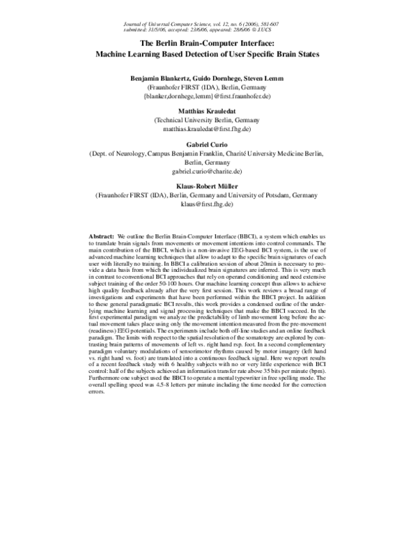 (PDF) The Berlin Brain-Computer Interface: Machine Learning Based ...