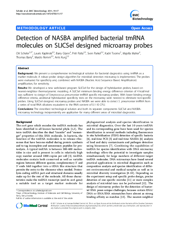 (PDF) Detection of NASBA amplified bacterial tmRNA molecules on SLICSel designed microarray ...
