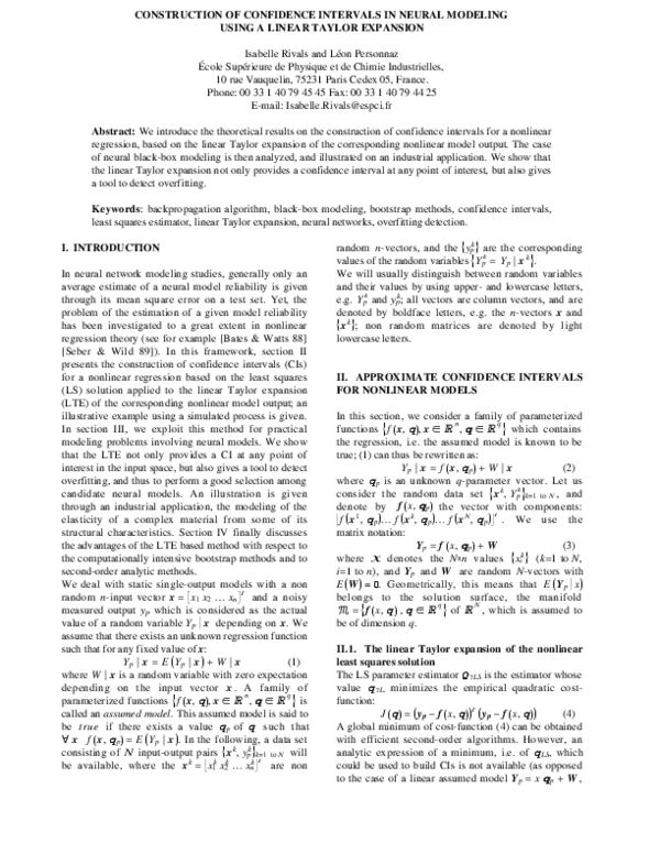 (PDF) Construction of confidence intervals in neural modeling using a linear Taylor expansion