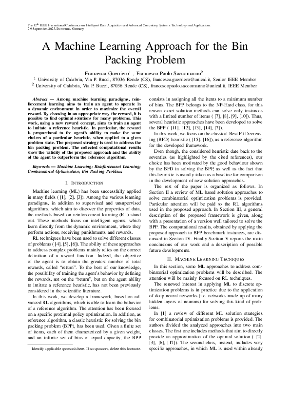 (PDF) A Machine Learning Approach for the Bin Packing Problem