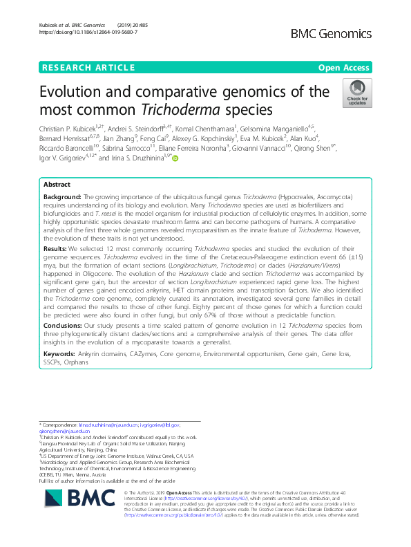 (PDF) Evolution and comparative genomics of the most common Trichoderma species | Giovanni ...
