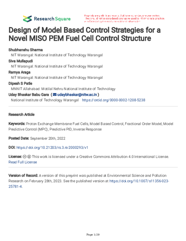 (PDF) Design of Model Based Control Strategies for a Novel MISO PEM Fuel Cell Control Structure