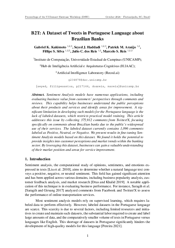 (PDF) B2T: A Dataset of Tweets in Portuguese Language about Brazilian Banks