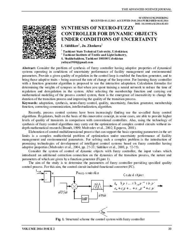 (PDF) Synthesis of Neuro-Fuzzy Controller for Dynamic Objects under Conditions of Uncertainty