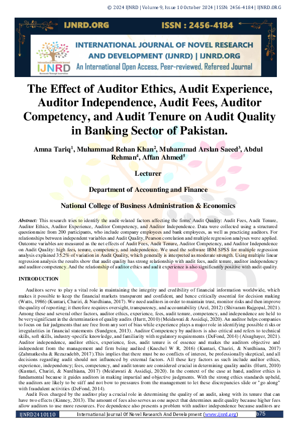 (PDF) The Effect of Auditor Ethics, Audit Experience, Auditor Independence, Audit Fees, Auditor ...