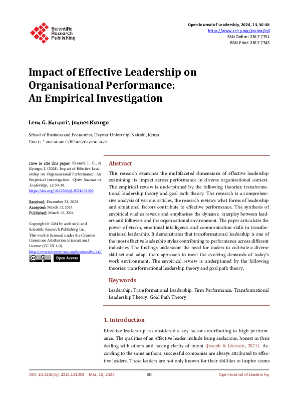 (PDF) Impact of Effective Leadership on Organisational Performance: An ...