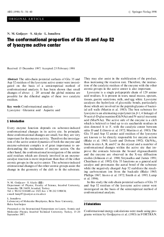 (PDF) The conformational properties of Glu 35 and Asp 52 of lysozyme ...