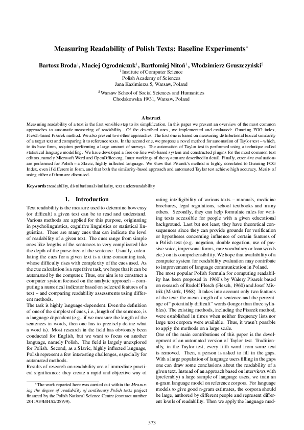 (PDF) Measuring Readability of Polish Texts: Baseline Experiments