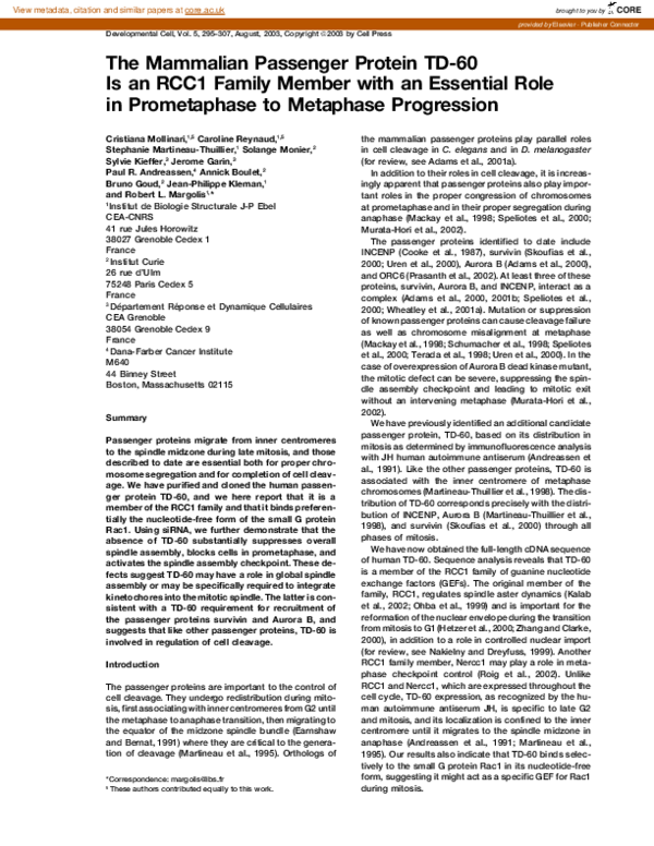 (PDF) The Mammalian Passenger Protein TD-60 Is an RCC1 Family Member with an Essential Role in ...