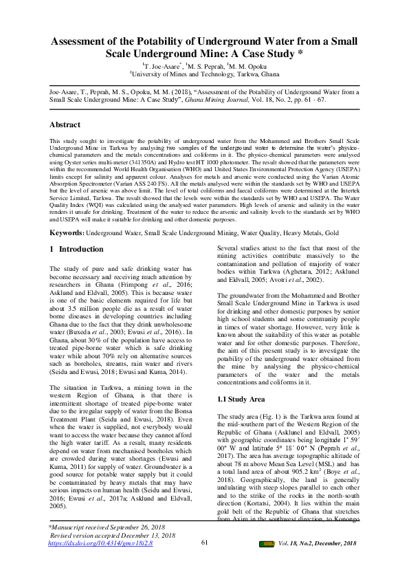 (PDF) Assessment of the Potability of Underground Water from a Small ...