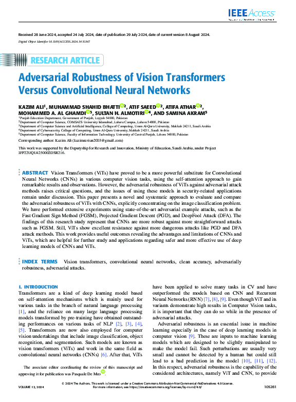 (PDF) Adversarial Robustness of Vision Transformers Versus Convolutional Neural Networks