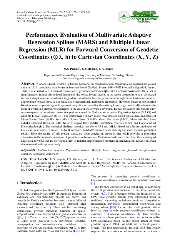 (PDF) Performance Evaluation of Multivariate Adaptive Regression Splines (MARS) and Multiple ...