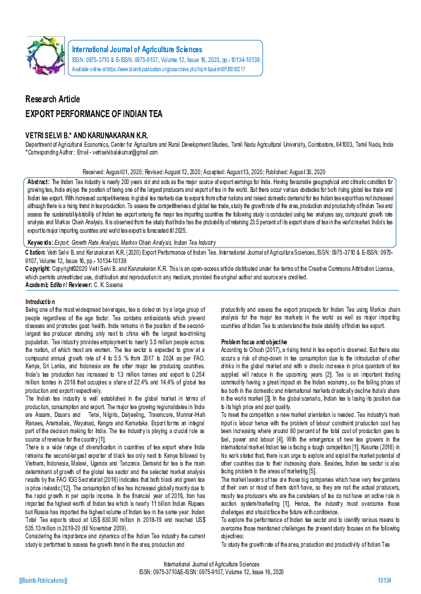 (PDF) EXPORT PERFORMANCE OF INDIAN TEA