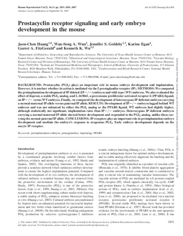 (PDF) Prostacyclin receptor signaling and early embryo development in ...