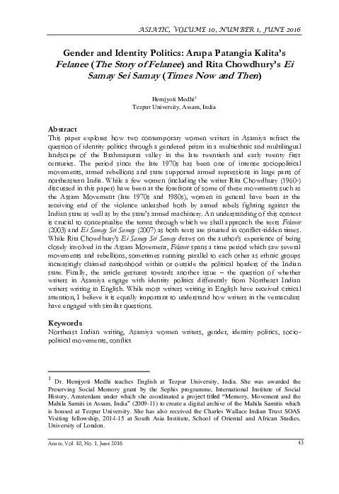 (PDF) Gender and Identity Politics: Arupa Patangia Kalitaâ€™s Felanee ...