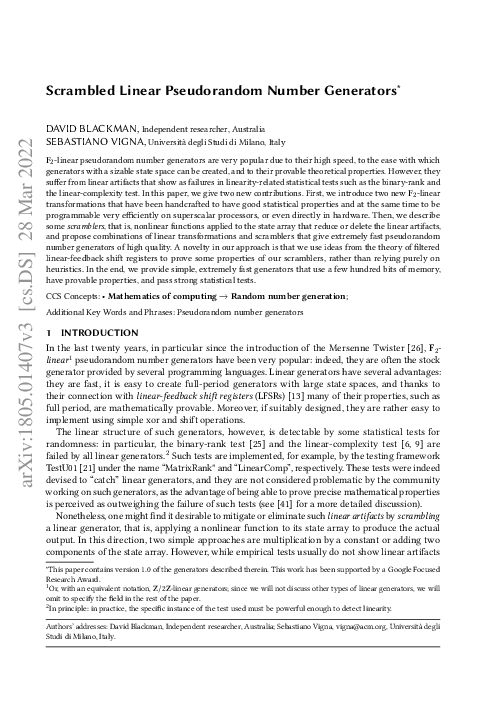 (PDF) Scrambled Linear Pseudorandom Number Generators