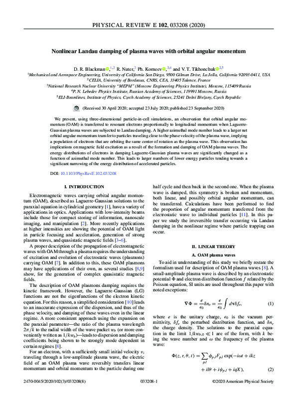 (PDF) Nonlinear Landau damping of plasma waves with orbital angular ...