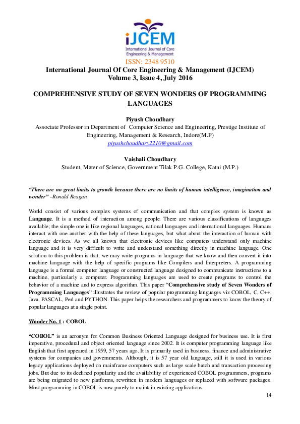 (PDF) COMPREHENSIVE STUDY OF SEVEN WONDERS OF PROGRAMMING LANGUAGES