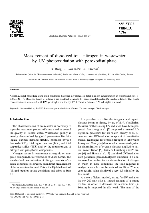 (PDF) Measurement of dissolved total nitrogen in wastewater by UV ...