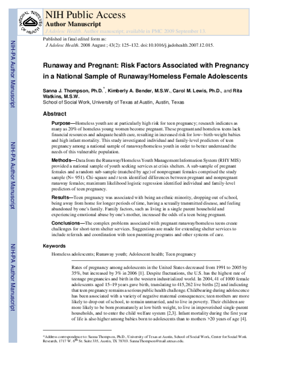 (PDF) Runaway and Pregnant: Risk Factors Associated with Pregnancy in a ...