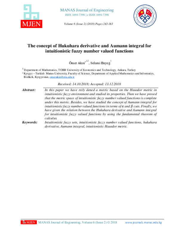 Pdf The Concept Of Hukuhara Derivative And Aumann Integrals For Intuitionistic Fuzzy Number
