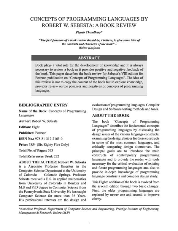 (PDF) Concepts of Programming Languages by Robert W Sebesta A Book Review
