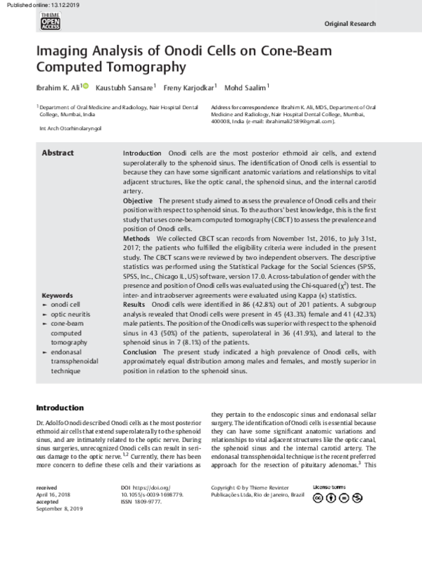 (PDF) Imaging Analysis of Onodi Cells on Cone-Beam Computed Tomography