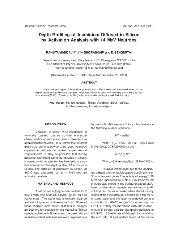 (PDF) Depth Profiling of Aluminium Diffused in Silicon by Activation Analysis With 14 Mev Neutrons
