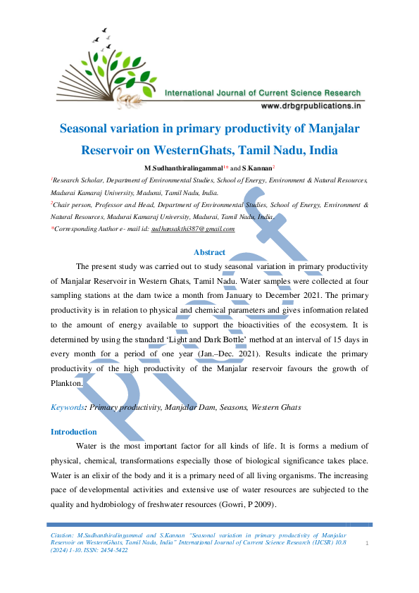 (PDF) Seasonal variation in primary productivity of Manjalar Reservoir ...