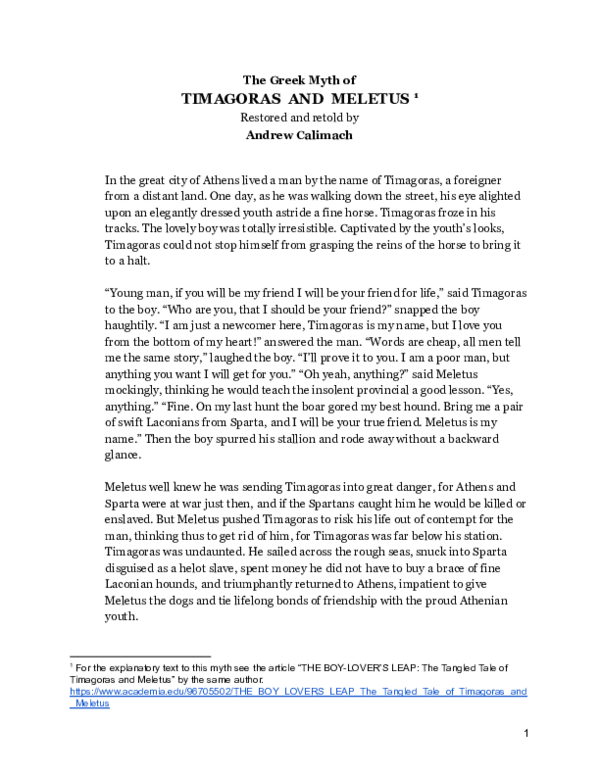 (PDF) The Greek Myth of MELETUS AND TIMAGORAS