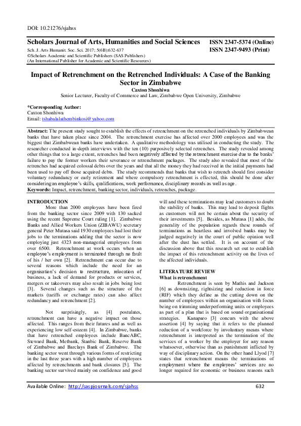 (PDF) Impact of Retrenchment on the Retrenched Individuals: A Case of ...