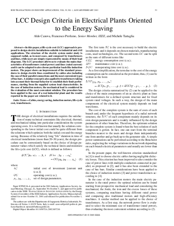 (PDF) LCC design criteria in electrical plants oriented to energy saving