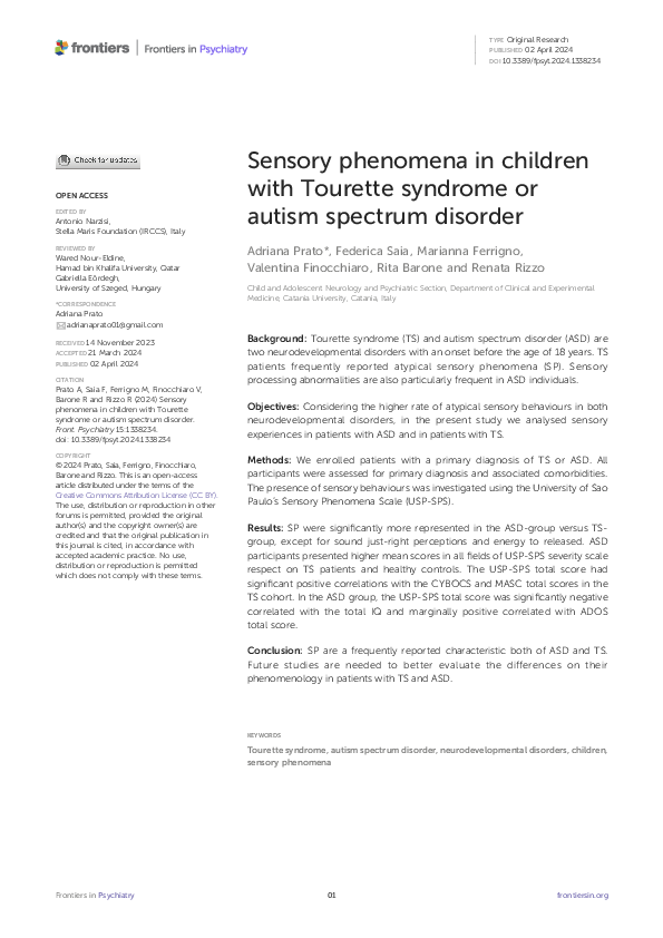 (PDF) Sensory phenomena in children with Tourette syndrome or autism spectrum disorder