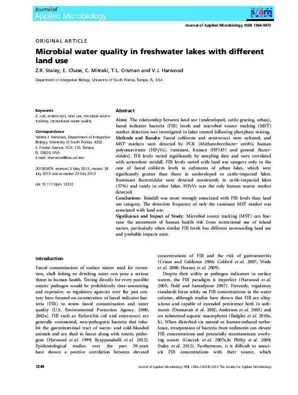 (PDF) Microbial water quality in freshwater lakes with different land use